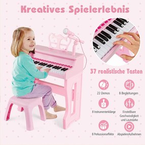 Costway Dětská klávesnice 37-Keys Dětské elektronické piano se stoličkou růžové