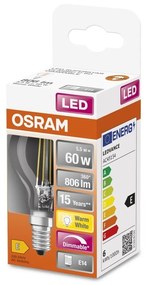 Stmívatelná LED průhledná žárovka E14 6,5 W CLASSIC P, teplá bílá