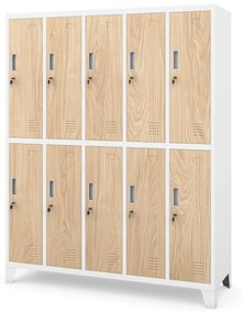 Plechová šatní skříňka na nožkách s 10 boxy BARTEK, 1360 x 1720 x 450 mm, Eco Design: bílá/ dub sonoma