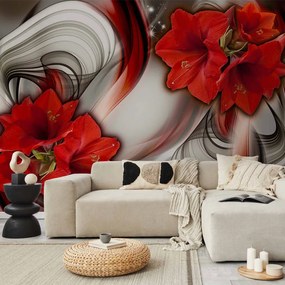 Fototapeta Červené amarylisy - květiny na abstraktním pozadí ve vlnitém vzoru