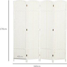 HOMCOM 4-panelový Rozdělovací Panel 160 x 170 cm Bambusový Skládací Předěl na Soukromí pro Obývací Pokoj Bílý
