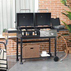 Outsunny plynový grilovací vozík 2+1 hořák s teploměrem 3kW BBQ gril na dřevěné uhlí s odkládací plochou Boční odkládací plocha Háček pro kempování Č…