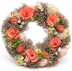 Velikonoční věnec na dveře 30 × 30 × 8 cm, růžové květy, plast, venkovní