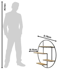 Kulatá kovová nástěnná polička s dřevěnými poličkami – 70x15 cm