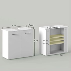 Kleankin Koupelnová Podskříňová Skříň s 2 Dveřmi a Nastavitelnou Vnitřní Policí Moderní Styl 60x30x62.5 cm Bílá