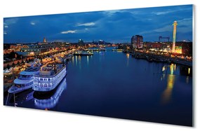 akrylový obraz Loď moře město na noční obloze 120x60 cm