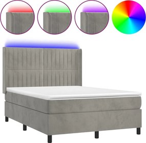 Box spring postel s matrací a LED světle šedá 140x200 cm samet 3139685