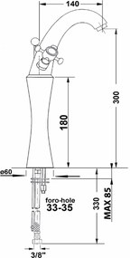 Reitano Rubinetteria ANTEA stojánková umyvadlová retro baterie vysoká s výpustí, výška 300mm, chrom/zlato 3272L
