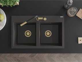 Mexen Hektor, 2-komorový granitový dřez 800x480x205 mm, černá skvrnitá, zlatý sifon, 6521802000-76-G
