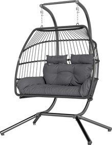 Outsunny závěsné křeslo s skládacím stojanem, závěsný košík s polštářem, ergonomické houpací křeslo z poly ratanového materiálu pro 2 osoby, závěsné k