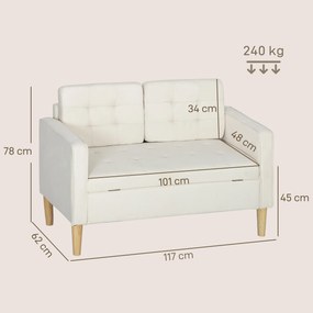 HOMCOM dvoumístná úložná pohovka, sametový vzhled, nohy z kaučukovníku, knoflíkové prošívání — 117 × 62 × 78 cm, krémová