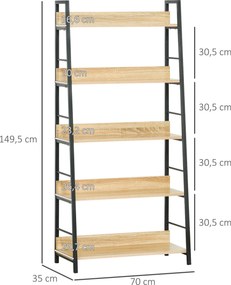 HOMCOM Knihovna 5-úrovňová s kovovým rámem, nosnost 25 kg, 70x35x149,5 cm