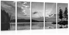 5-dílný obraz odraz horského jezera v černobílém provedení - 200x100 cm