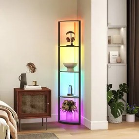 HOMCOM LED stojací lampa, 5stupňově stmívatelná lampa s policí, RGB měnění barev, dálkové ovládání B31-552V90BK