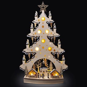 SOLIGHT LED dřevěný vánoční stromek s dekoracemi, 23x LED, přírodní barva, 64cm, 2x AA