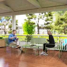 Outsunny venkovní ratanový lounge set pro 4 osoby, 2místná pohovka, 2 křesla, stůl z tvrzeného skla, ocelový rám, zelený