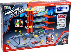 LEAN Toys Vícepodlažní parkoviště, 4 podlaží, s výtahem, vrtulník, autíčka, 70 dílů
