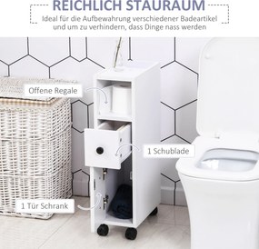 Kleankin koupelnová skříňka na kolečkách – pomocná koupelnová skříňka s otevřenou policí, dveřmi a zásuvkou pro malé prostory 18x30x68,5 cm Bílá