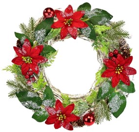 Vánoční zdobený věnec Poinsetie a proutí, 30 cm