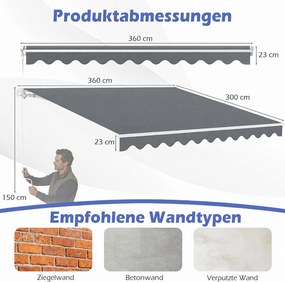 Costway Výsuvná hliníková terasová ochrana proti slunci s klikou 3,6 m × 3 m