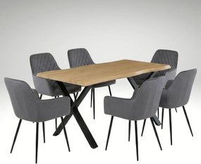 Vikio Jídelní set pro 6 osob 160x90 cm soft dub noha X šedá židle s područkami VJS226-6S