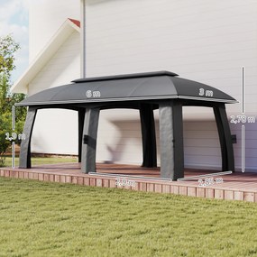 Zahradní altán Outsunny 3 x 6 m s dvojitou střechou a bočními stěnami, síť proti hmyzu pro 15 osob, pozinkovaný kov, tmavě šedý |