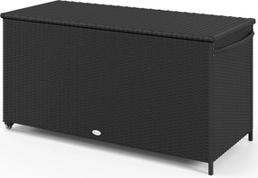 Úložná skříňka Outsunny z PE ratanu, venkovní úložná lavice s kolečky, pneumatickým pístem a bočním madlem, 121x57x67cm, černá | Aosom