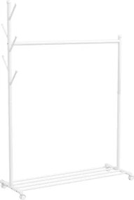 HOMCOM stojan na oblečení s kolečky, 5 háčků, tyč na oblečení a dolní polička do chodby/vstupní haly, 120x43x171 cm, Bílý