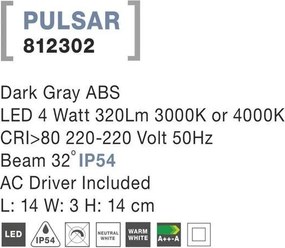 NV 812302 Venkovní nástěnné svítidlo PULSAR tmavě šedý ABS LED 4W 3000K 220-220V 32st. IP54 - NOVA LUCE