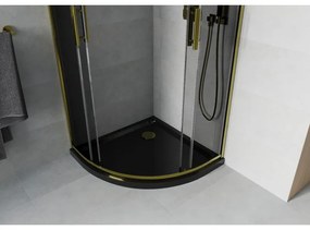 Mexen Rio, čtvrtkruhový sprchový kout s posuvnými dveřmi 80 (dveře) x 80 (dveře) x 190 cm, 5mm šedé sklo, zlatý profil + černá sprchová vanička SLIM, 863-080-080-50-40-4170G