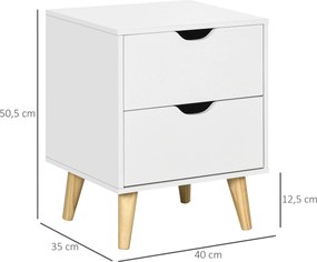 HOMCOM Noční stolek s 2 zásuvkami, skandinávský styl pro ložnici a obývací pokoj, 40 x 35 x 50,5 cm, bílý