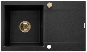 Invena Tesalia, 1-komorový granitový dřez s odkapávačem 760x440x160 mm a kuchyňskou baterií Glamour s flexibilním ramenem + zlatý automatický sifon, INV-AZ-01-Z43-SET