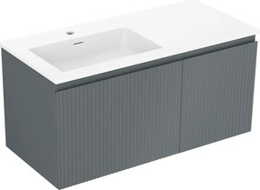 Mexen Rivel, koupelnová skříňka 100 cm s umyvadlem Otis vlevo, 1S, 1D, drážkovaná, grafitová matná/bílá matná, 91A23-10047-3-BBFF66-W18L01
