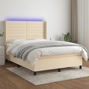 vidaXL Box spring postel s matrací a LED krémová 140x200 cm textil