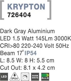 NV 726404 Venkovní zapuštěné svítidlo do zdi KRYPTON tmavě šedý hliník LED 2W 3000K 220-240V 17st. IP54 - NOVA LUCE