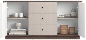 Komoda Vesper 160 cm se zásuvkami - kašmírová / ořech / černé úchytky