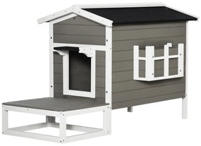PawHut kočičí domek Kočičí domek s terasou a balkonem pro psy a kočky, jedlové dřevo, šedá a bílá, 115 x 66,5 x 74,7 cm | Aosom.de