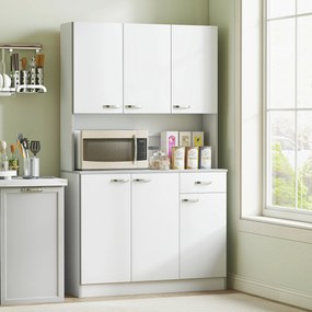 HOMCOM Moderní kuchyňský bufetový kabinet s vícero úložnými prostory, 6 dveří, 1 šuplík + velká pracovní deska, rozměry 101L x 39W x 180H cm v bílé a…