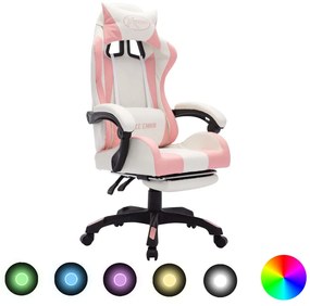 Herní židle s RGB LED podsvícením růžovo-bílá umělá kůže