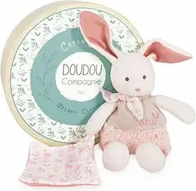 Doudou Dárková sada - Plyšový Ecru králiček s růžovou dečkou z BIO bav