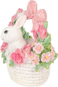 Dekorace bílý králíček v košíčku s květy - 15*9*16 cm