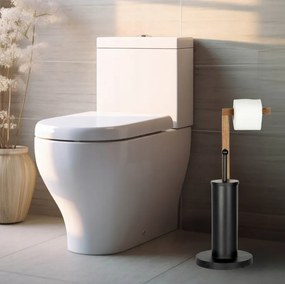 Erga Aurora Small Black, toaletní WC kartáč s dřevěným držákem na WC papír na postavení 19x19x56 cm, hnědá-černá, ERG-SEP-1340STLAZSBLA