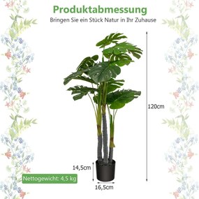 Costway 120 cm vysoký umělý strom Falešná rostlina Monstera Deliciosa, zelený