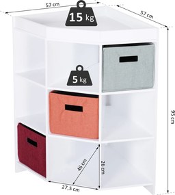 HOMCOM® Rohové regálové policové stojanové regály s 3 zásuvkami, úsporné místo, MDF, bílé