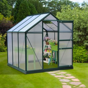 Outsunny Polykarbonátový Zahradní Skleník 3.65m² Hliníkový Zahradní Skleník 190 x 192 x 201cm UV-odolný, s Vyztuženým Základem, Okapy, Střešním Oknem…