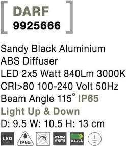 NV 9925666 Venkovní nástěnné svítidlo DARF černý hliník ABS difuzor LED 2x5W 3000K 100-240V 115st. IP65 světlo nahoru a dolů - NOVA LUCE