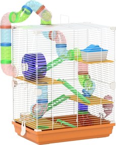 PawHut Kotec pro křečky s tunely, plošinami, miskou na vodu, domkem, rampami a cvičným kolem 46x30x58 cm Oranžový