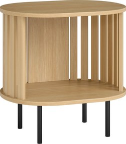 HOMCOM Oválný odkládací stolek, stolek u pohovky, otevřená přihrádka, kovové nohy, lamelový design, 50x39x50 cm, přírodní vzhled dřeva