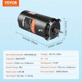 1,12 kW motor bazénového čerpadla 115/230 V 13,6/6,8 A 56J 3450RPM 90μF/250 V
