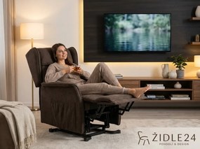 Elektrické polohovací TV křeslo ušák FINN - hnědá látka